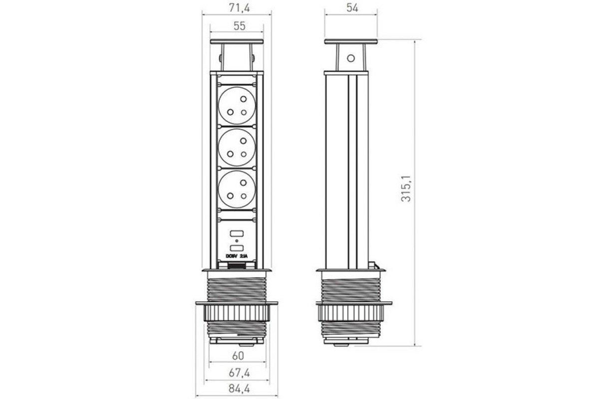 Priza Incastrabila Rotunda. Negru, D60 mm (+2 USB) - Feroni Mob